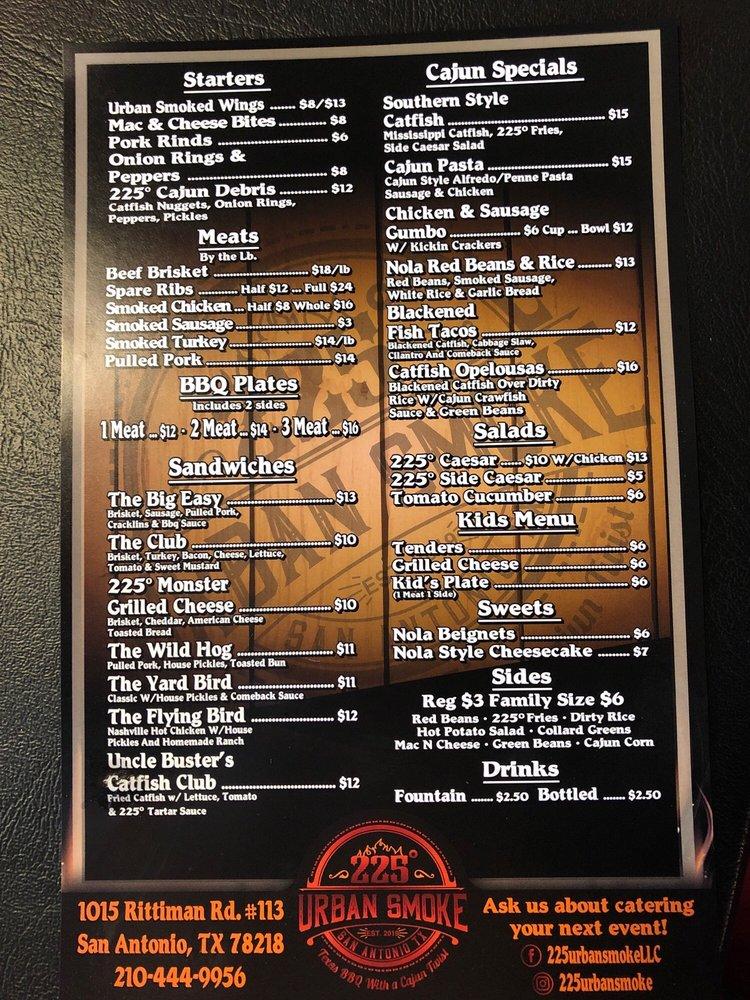 Menu at 225° Urban Smoke BBQ, San Antonio