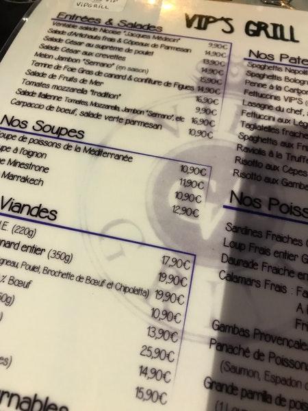Menu at VIP cafe, Nice
