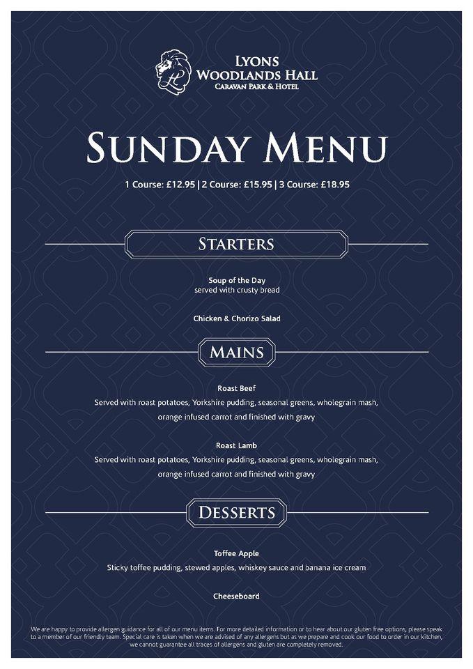 Menu at Lyons Woodlands Hall Hotel & Caravan Park restaurant, Rhewl