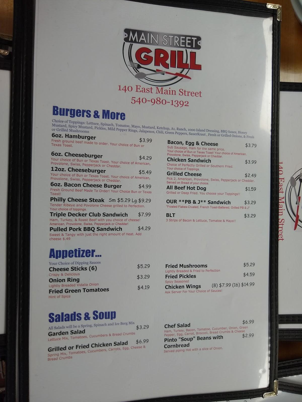 Menu at Main Street Grill restaurant, Pulaski