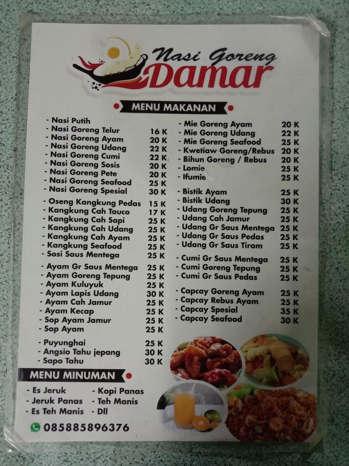 Menu at Nasi Goreng Seafood Damar restaurant, Bandung