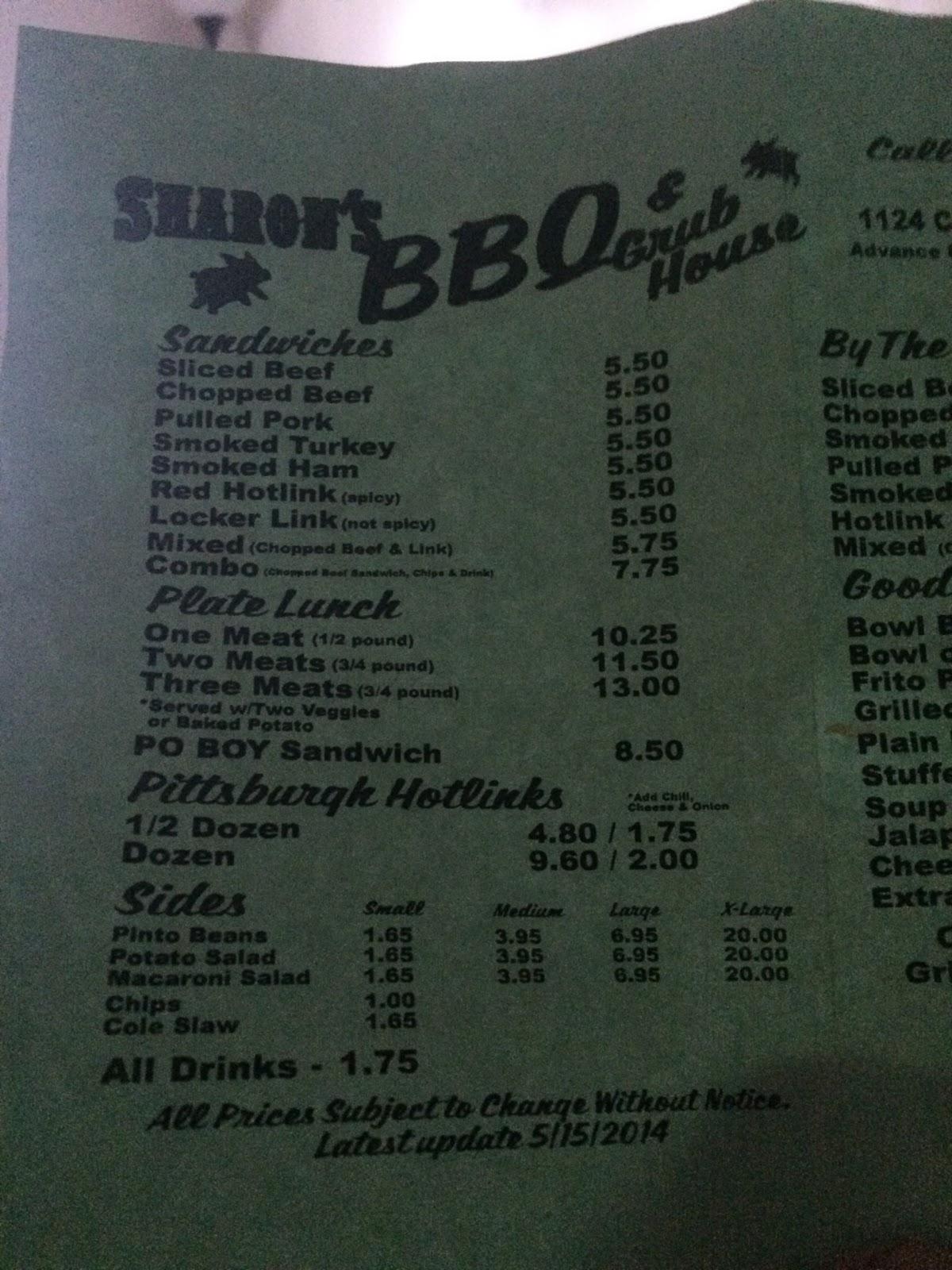 Menu at Sharon's BBQ & Grub House, Sulphur Springs, Church St