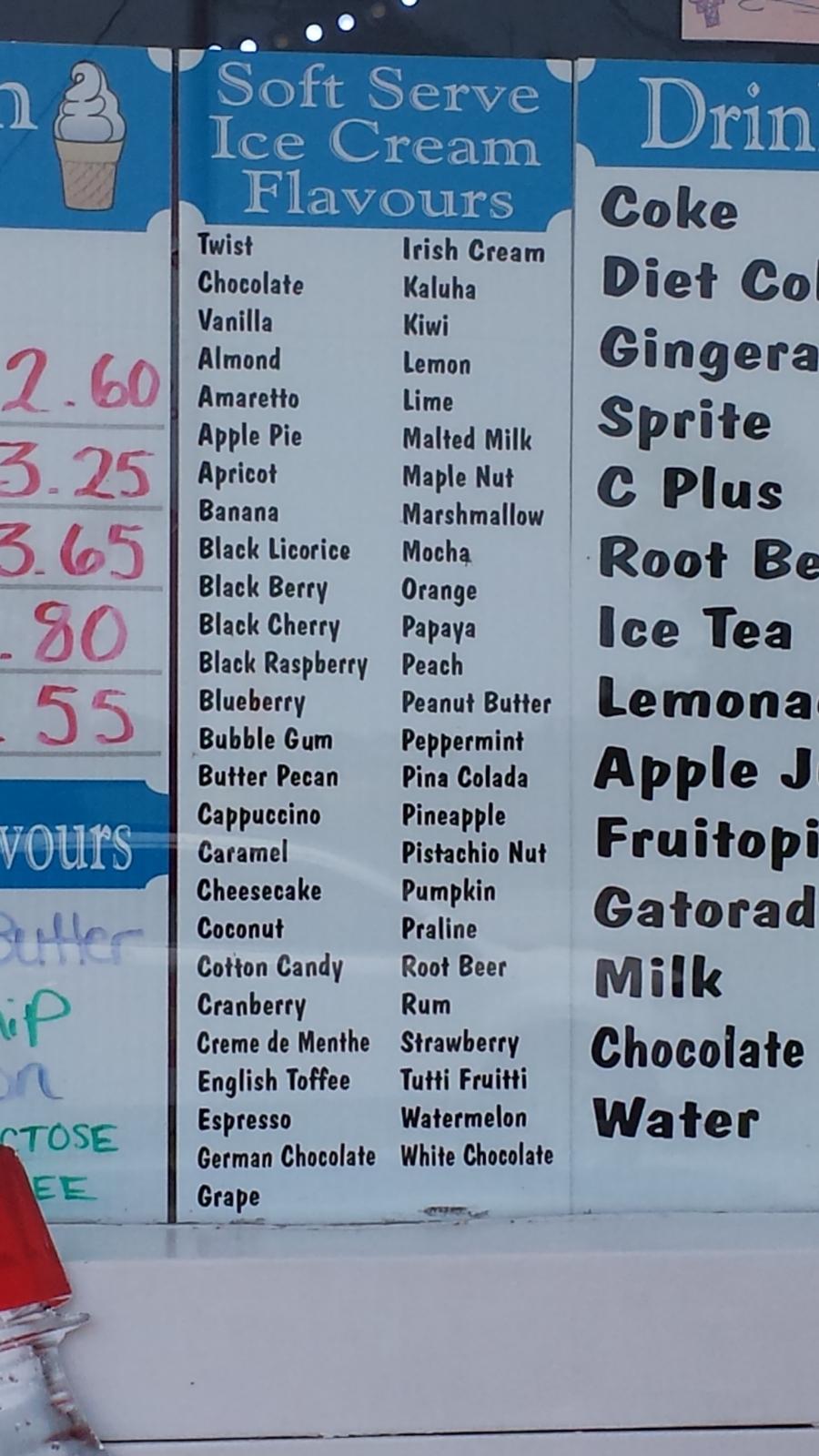 Menu at Sky Ranch Drive-in fast food, Goderich