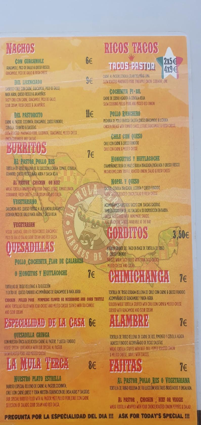 Menu at Taquería Mexicana La Mula Terca restaurant, Mojácar