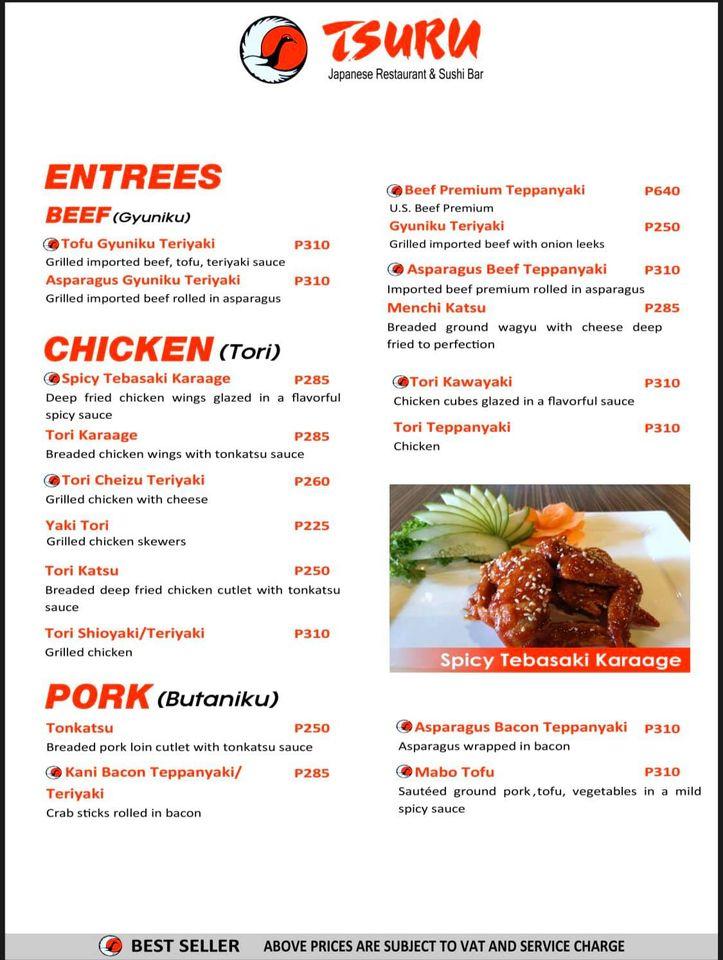 Menu at Tsuru restaurant, Davao City, 3JC5+62M