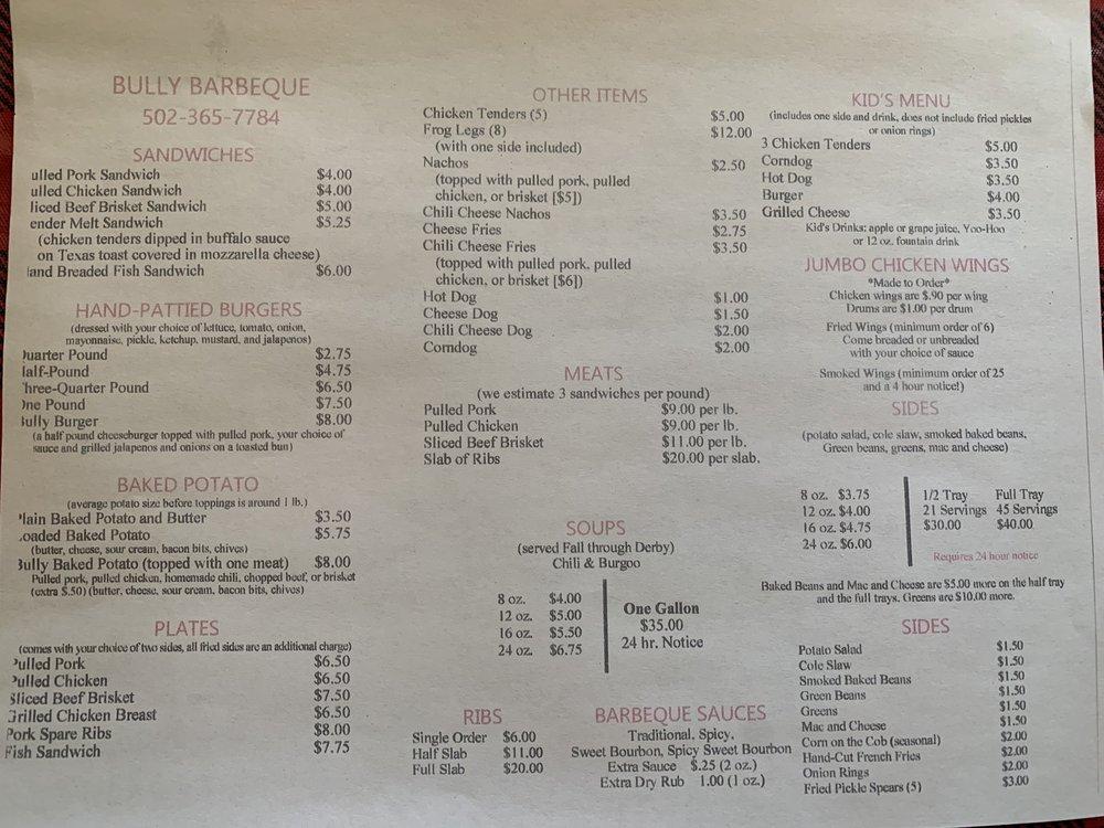 Menu at Bully Barbeque, La Grange, N Hwy 393