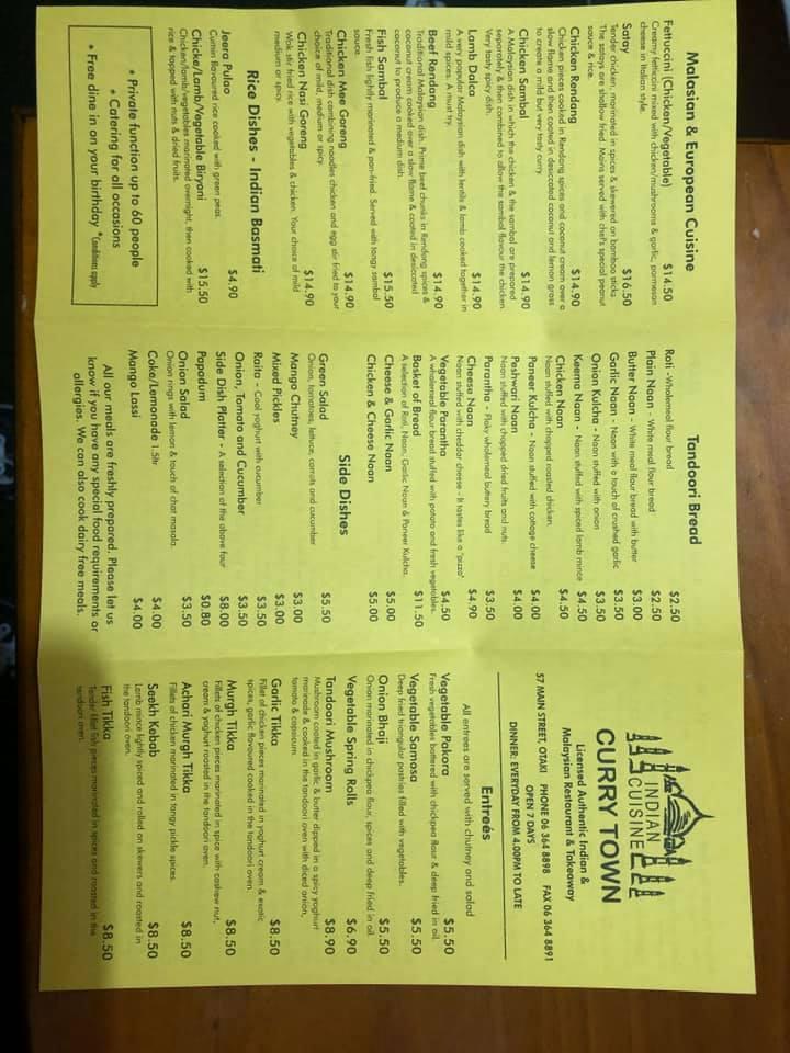 Menu at Curry Town restaurant, Otaki