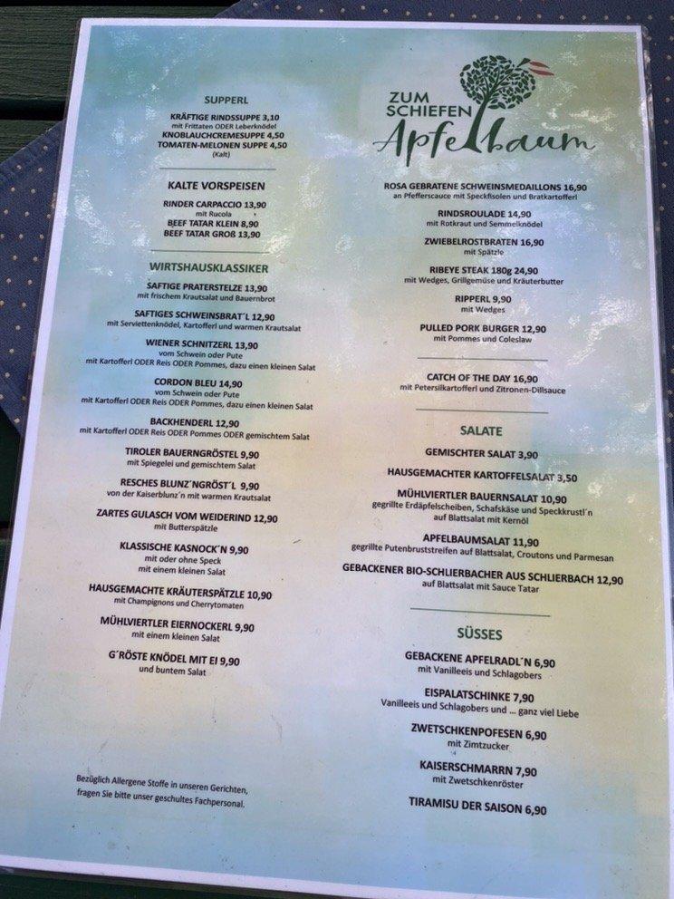 Speisekarte von Gasthaus Zum Schiefen Apfelbaum restaurant, Linz