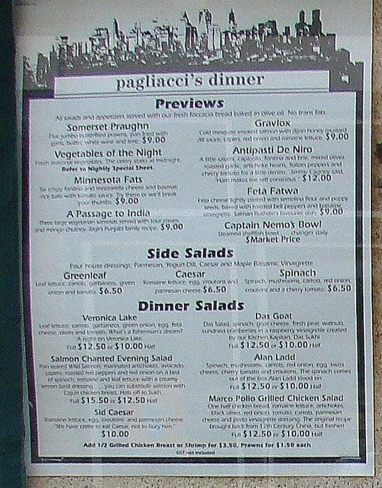 Menu at Pagliacci's steakhouse, Victoria