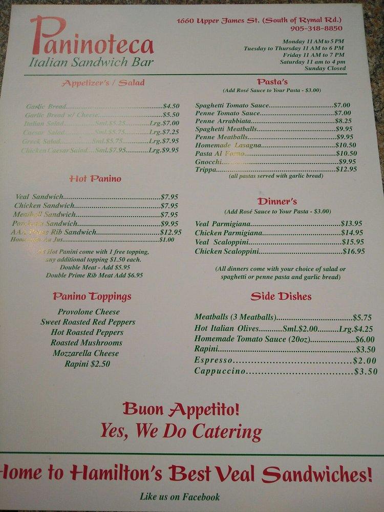 Menu at Paninoteca restaurant, Hamilton