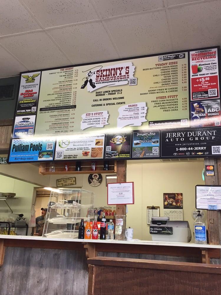 Menu at Skinny's Hamburgers restaurant, Weatherford