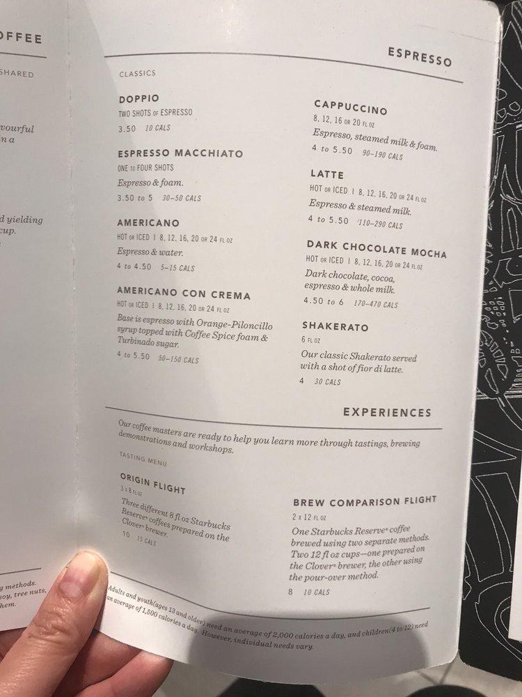 Menu at Starbucks Reserve cafe, Toronto, Don Mills Rd