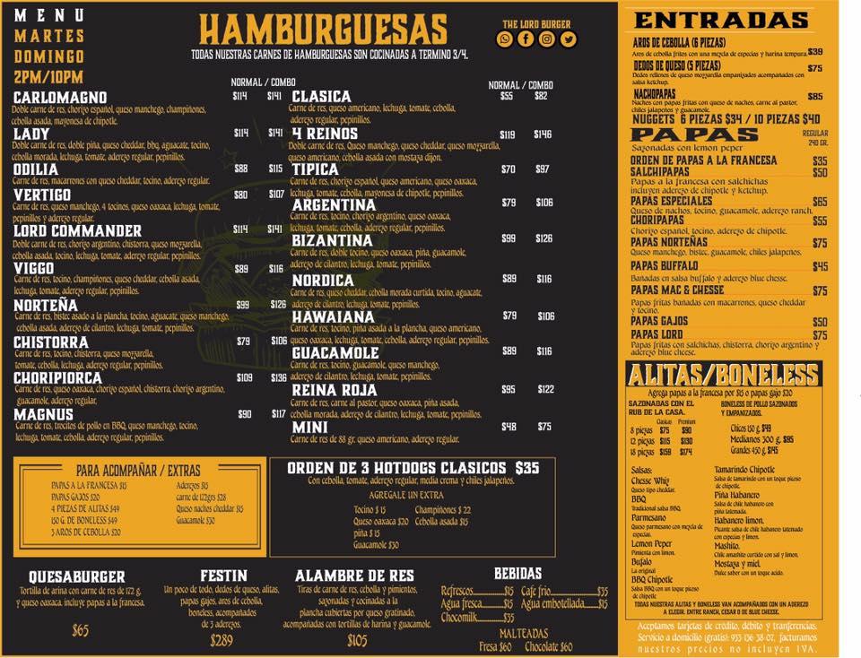 Menu at The lord burger restaurant, Paraíso