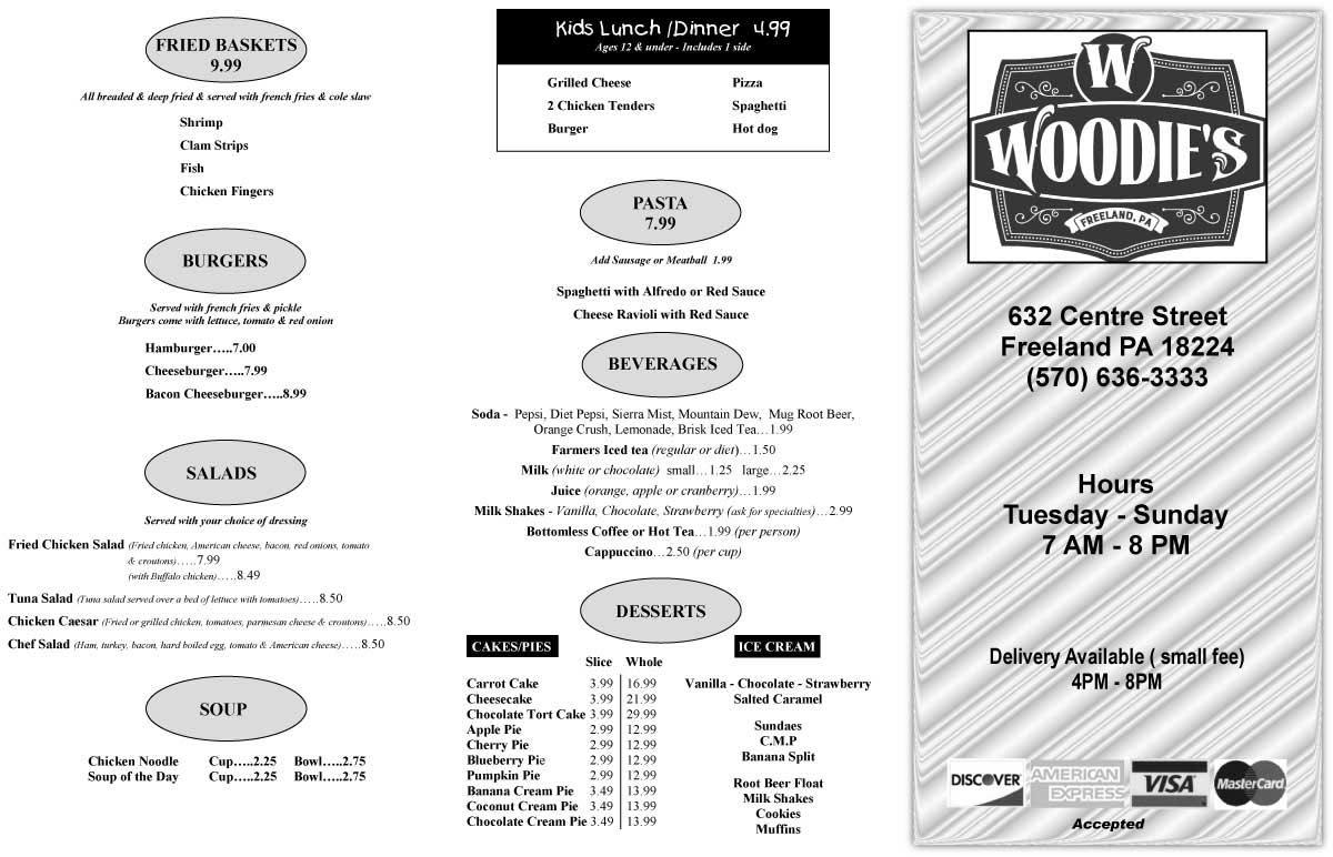 Menu at Woodie's Luncheonette restaurant, Freeland