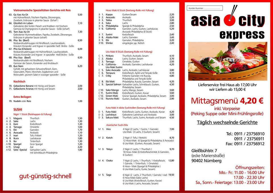 Speisekarte von Asia City Express restaurant, Nürnberg, Gleißbühlstraße ...