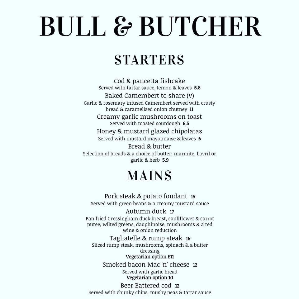 Menu at The Bull & Butcher pub & bar, Buckingham