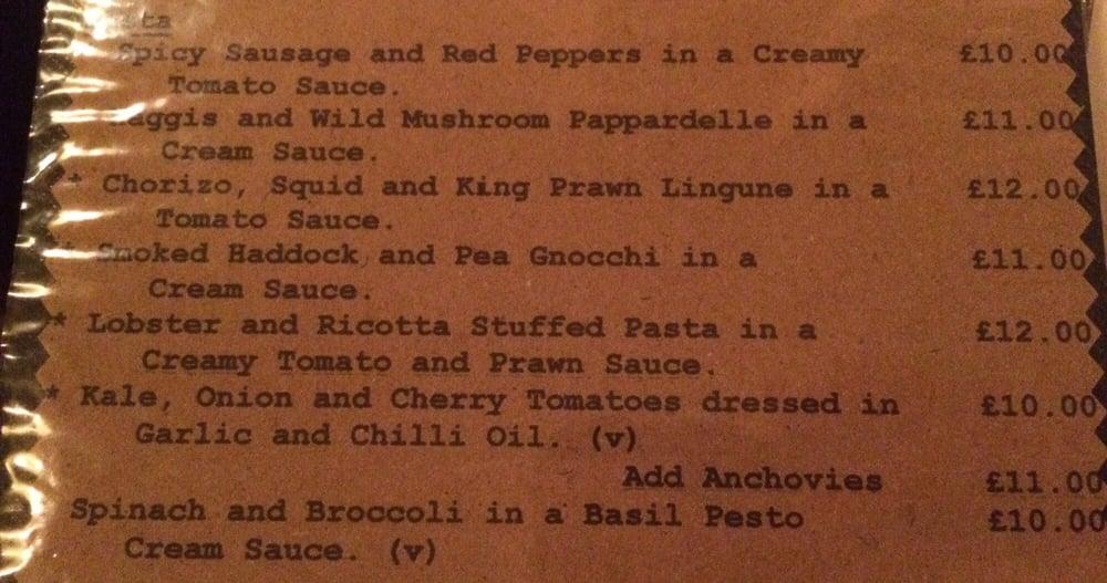 Menu at Domenico's restaurant, Edinburgh