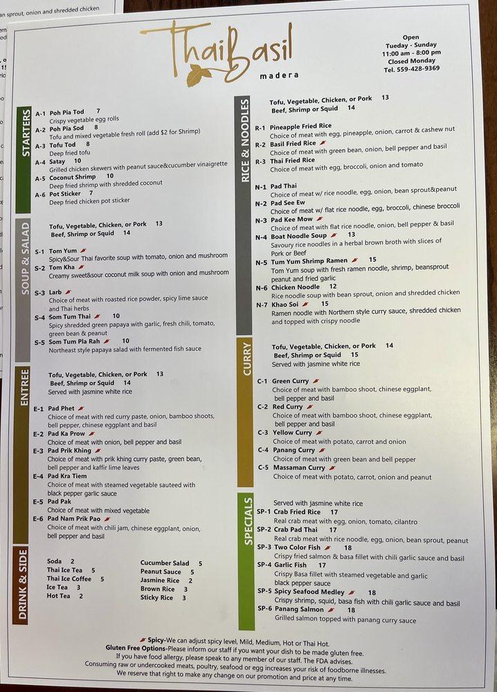 Menu at Thai Basil restaurant, Madera