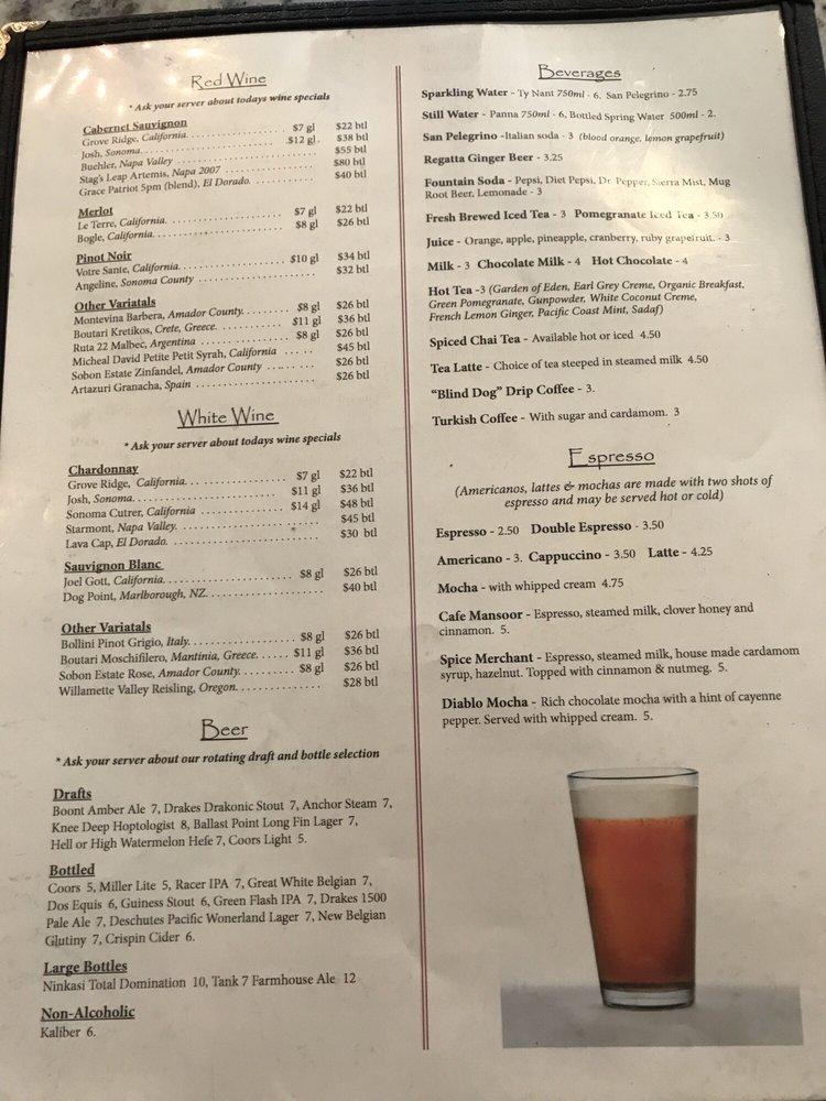 Menu at Artemis Lakefront Café restaurant, South Lake Tahoe