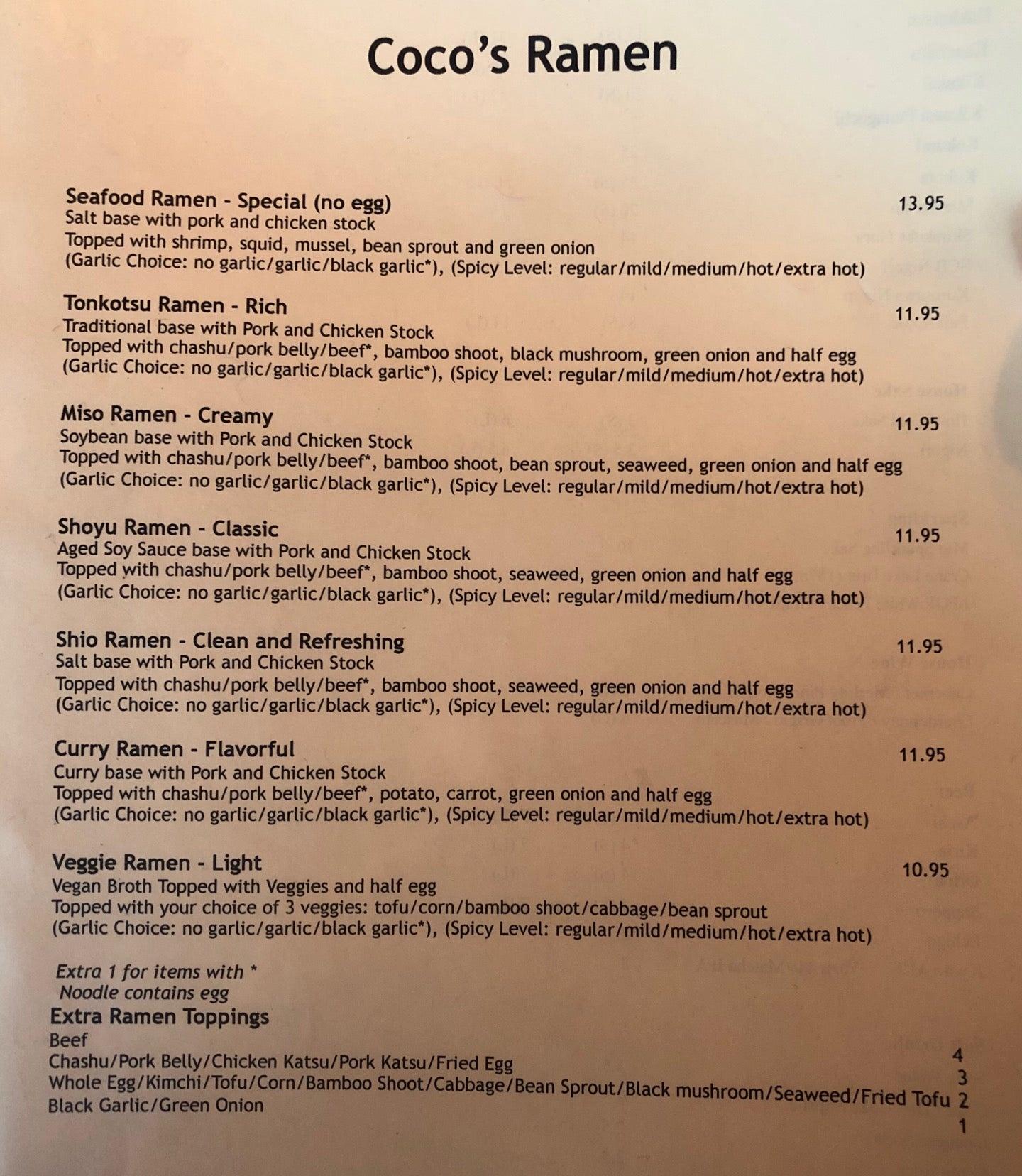 Menu at Coco's Ramen restaurant, Chico