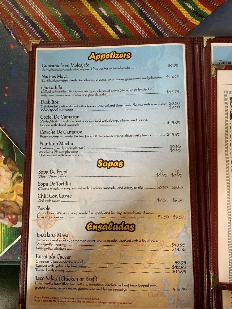 Menu at Maya Cafe, Fishkill