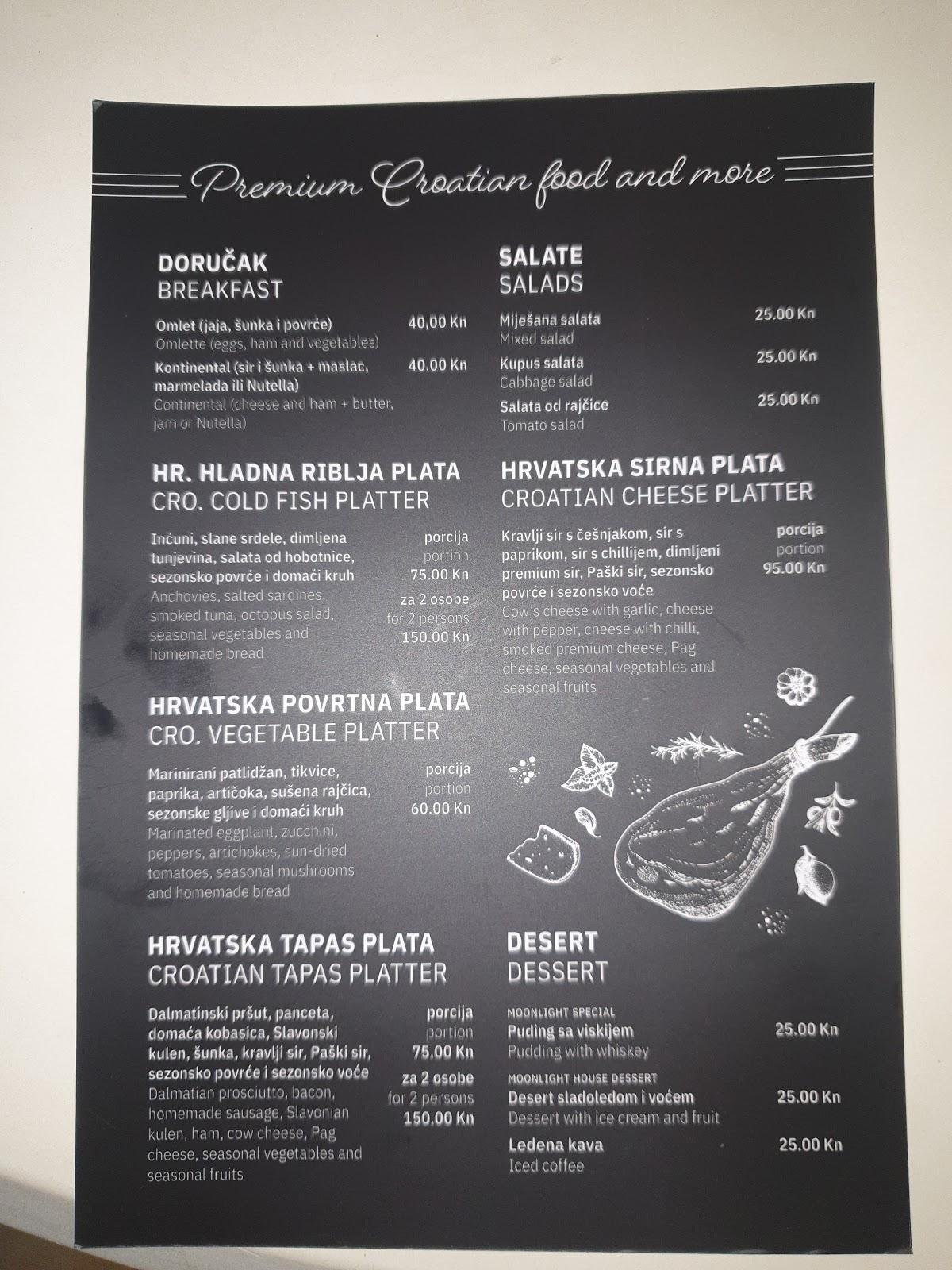Menu at Moonlight whisky bar, Petrčane
