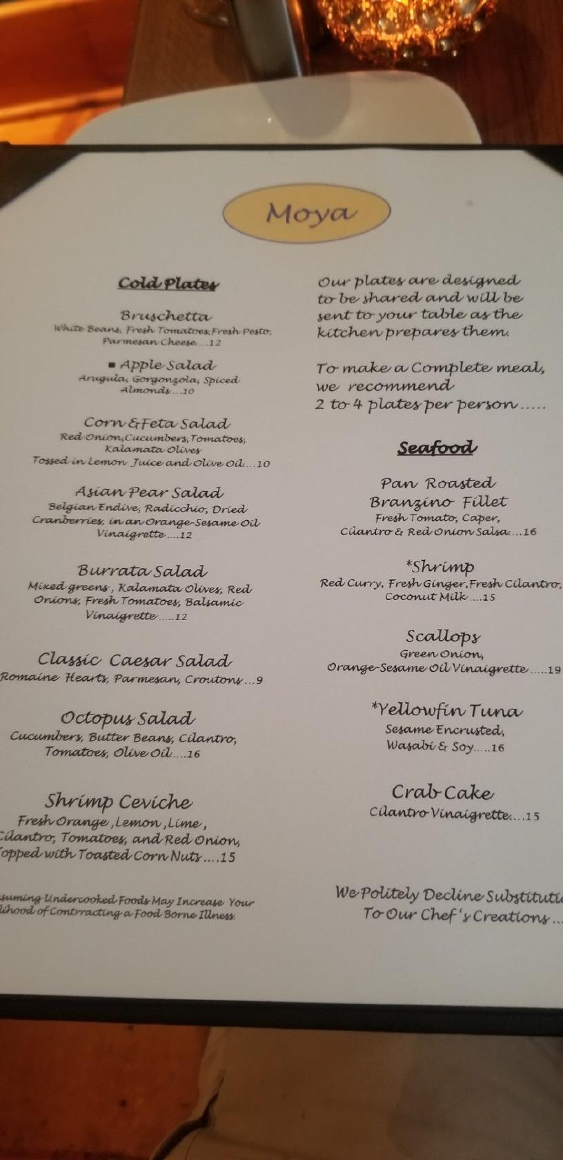 Menu at Moya pub & bar, Jim Thorpe