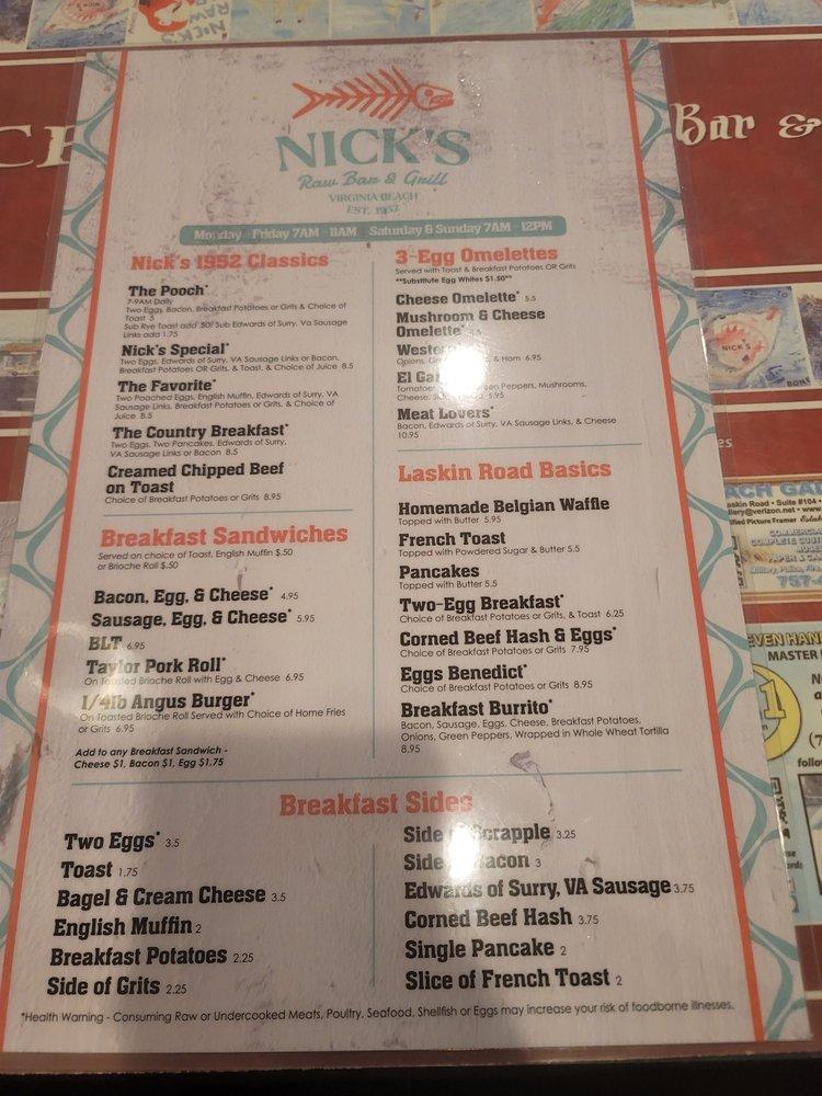 Menu at Nicks Bar & Grill, Virginia Beach, 508 Laskin Rd