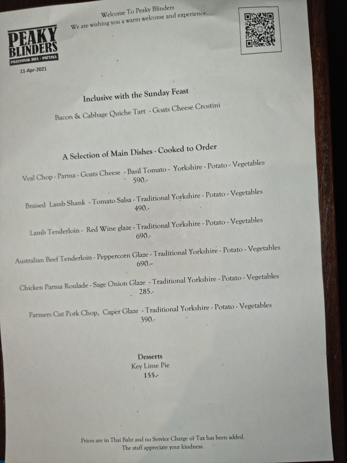 Menu at Peaky Blinders Pattaya restaurant, Pattaya City