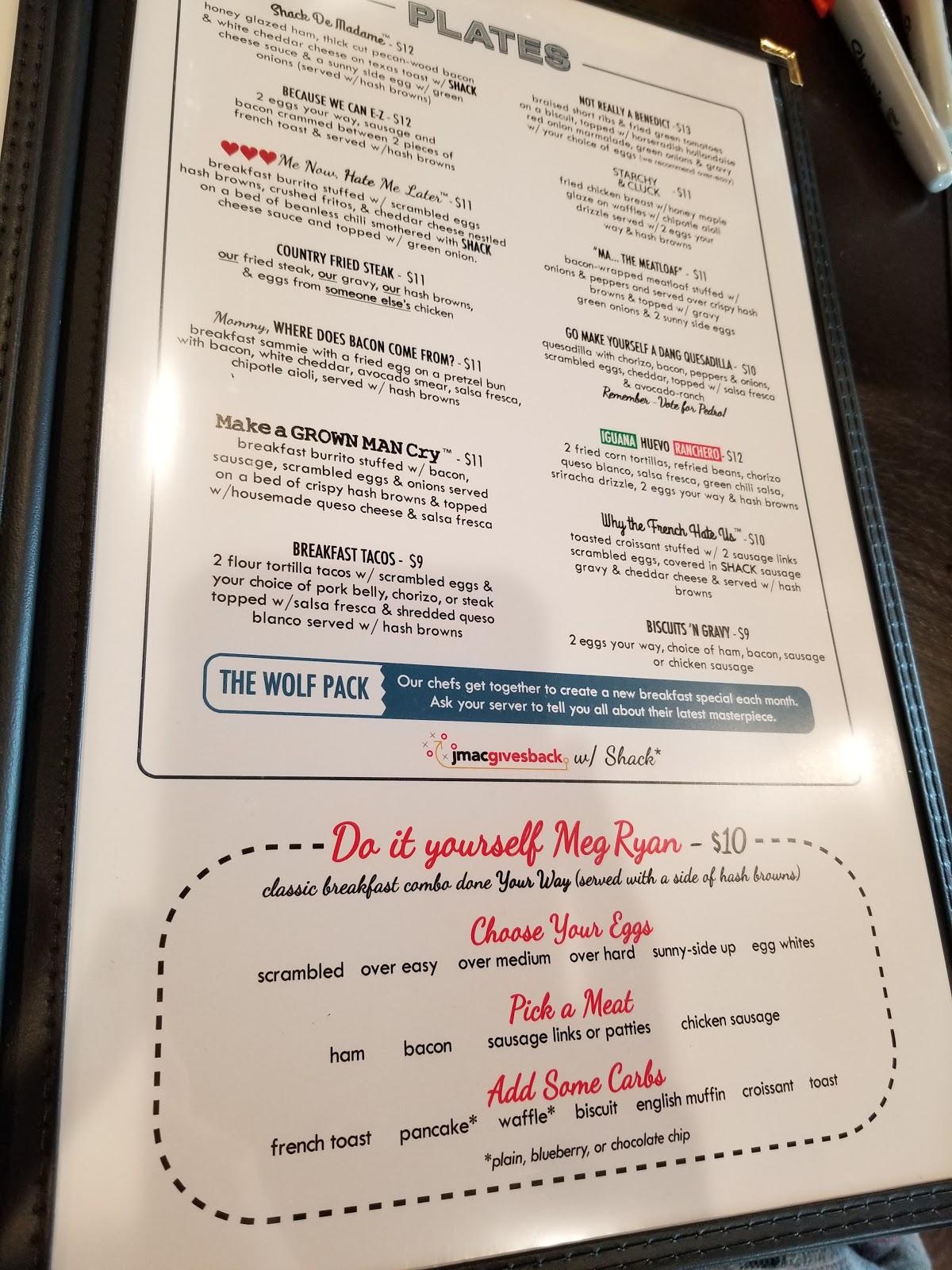 Menu at Shack Breakfast & Lunch restaurant, Overland Park, College Blvd