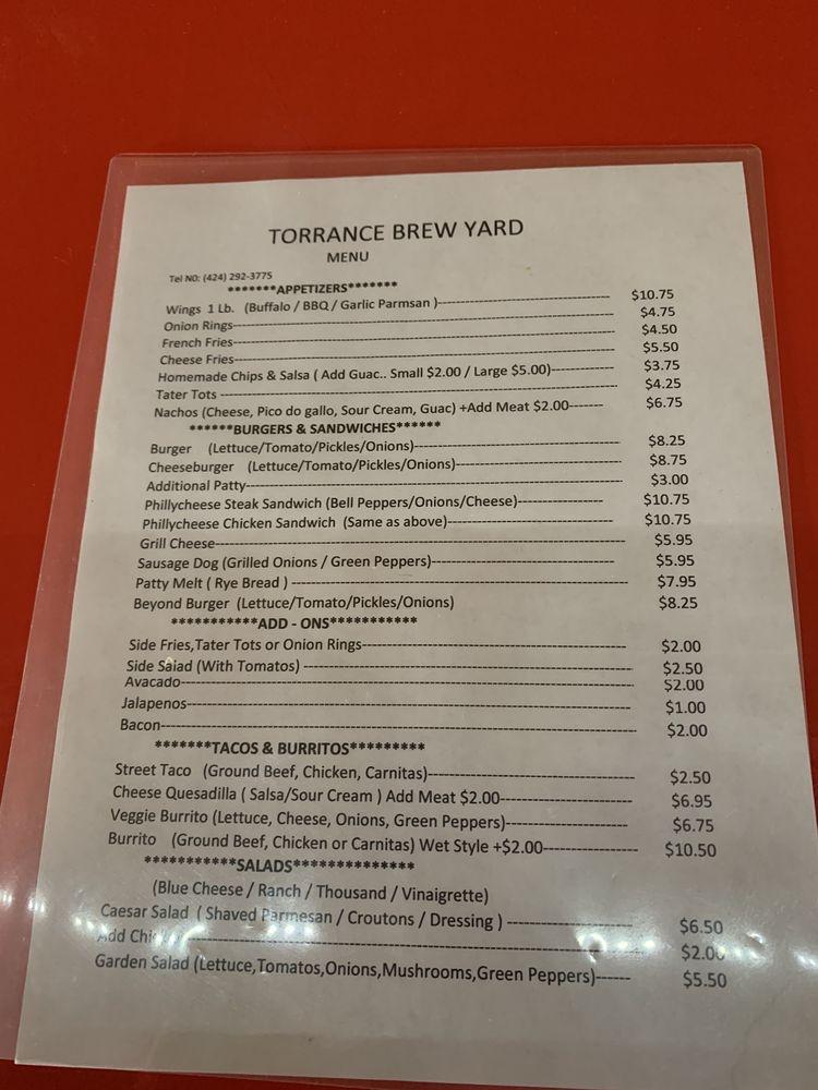 Menu at Torrance Brew Yard pub & bar, Torrance