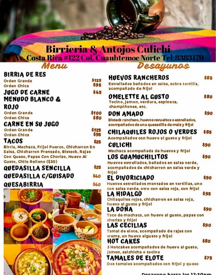 Menu at Birrieria y Antojos Culichi restaurant, Mexicali