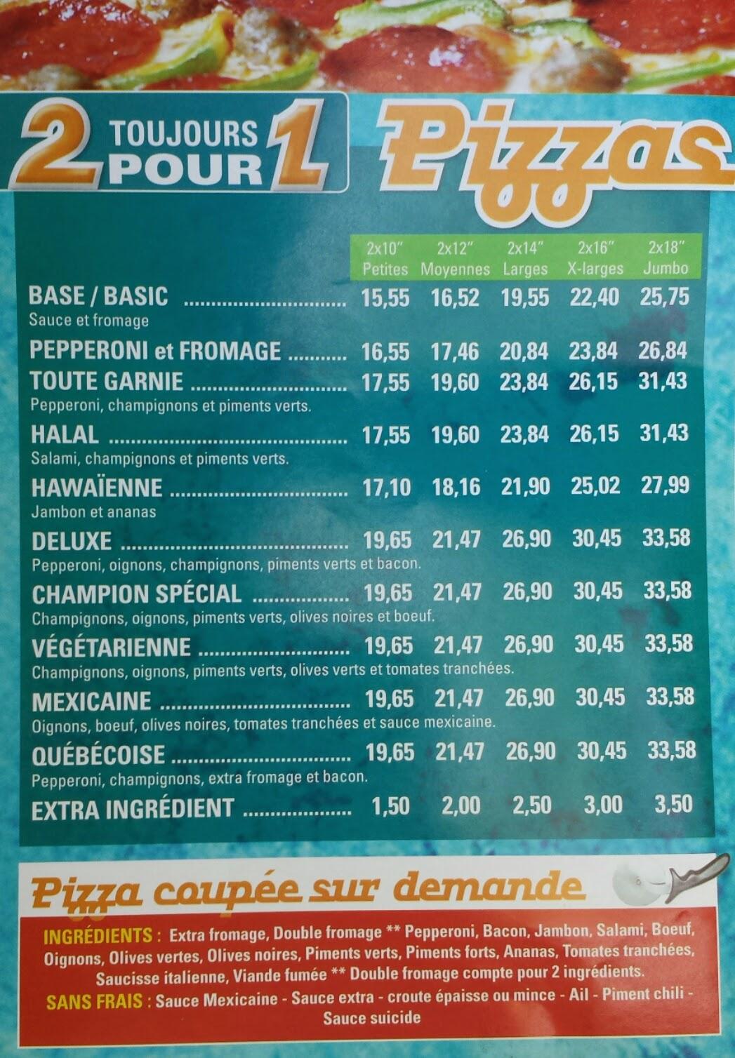 Menu au Pizza Champion Repentigny 2 pour 1 pizzeria, Repentigny
