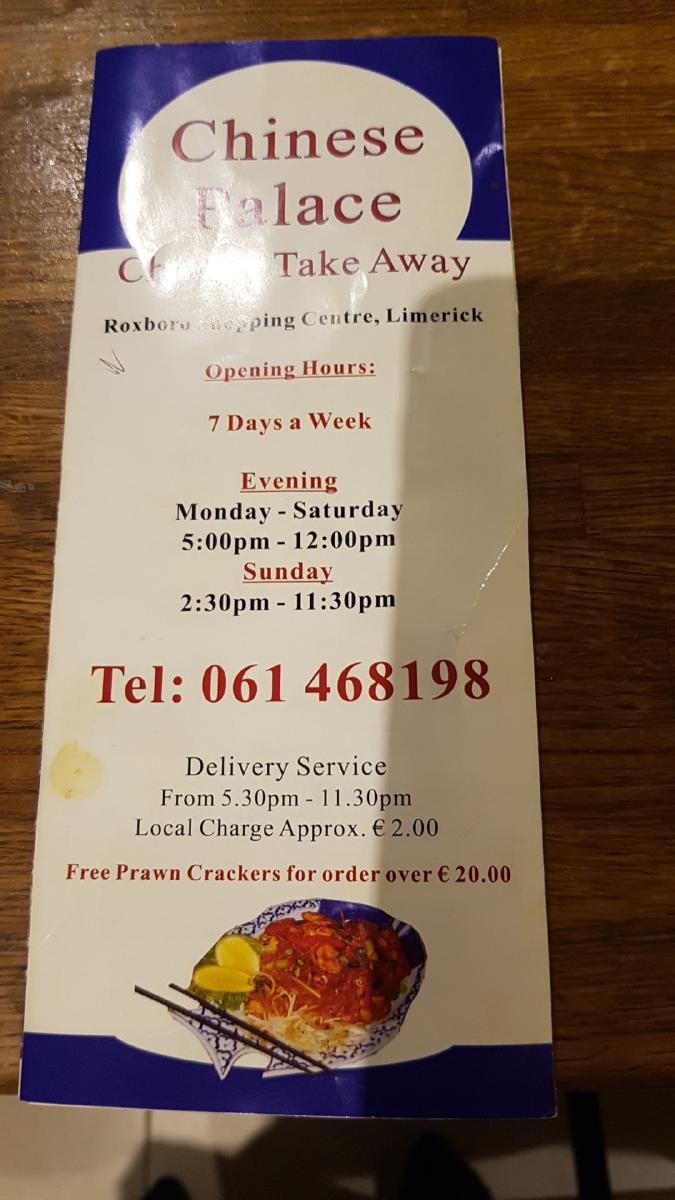 Menu at Chinese Palace restaurant, Limerick