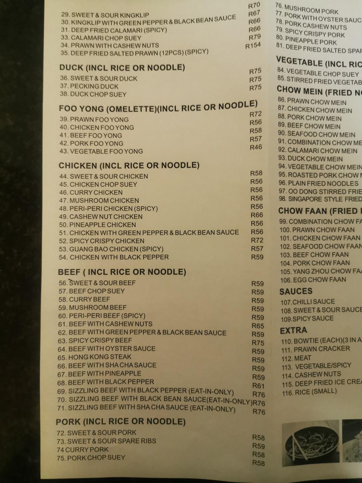 Menu at Happy Hong Chinese Restaurant, Middelburg