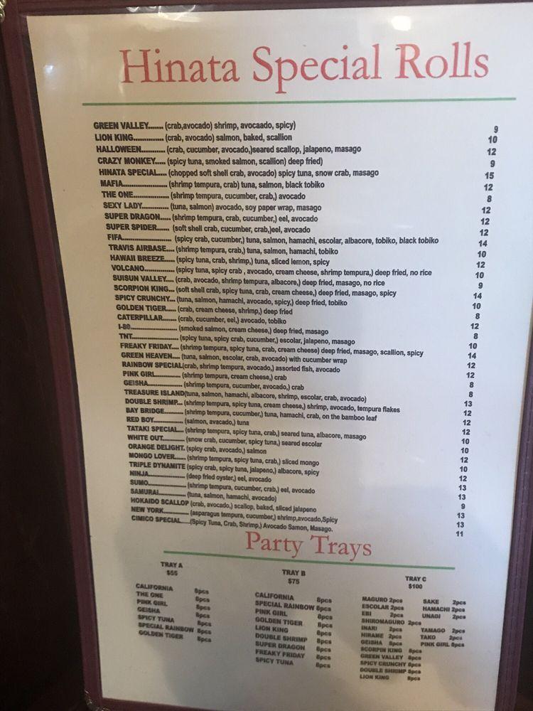 Menu at Hinata Japanese Steakhouse, Sushi & Bar, Fairfield