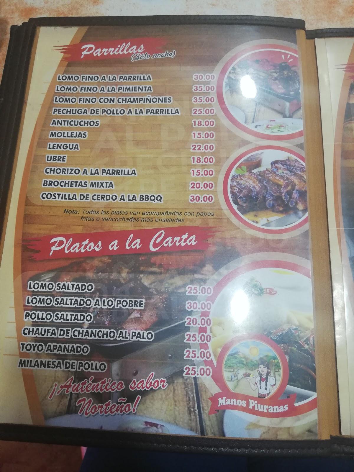 Menu at Manos Piuranas restaurant, Chiclayo, Av. Salaverry 953