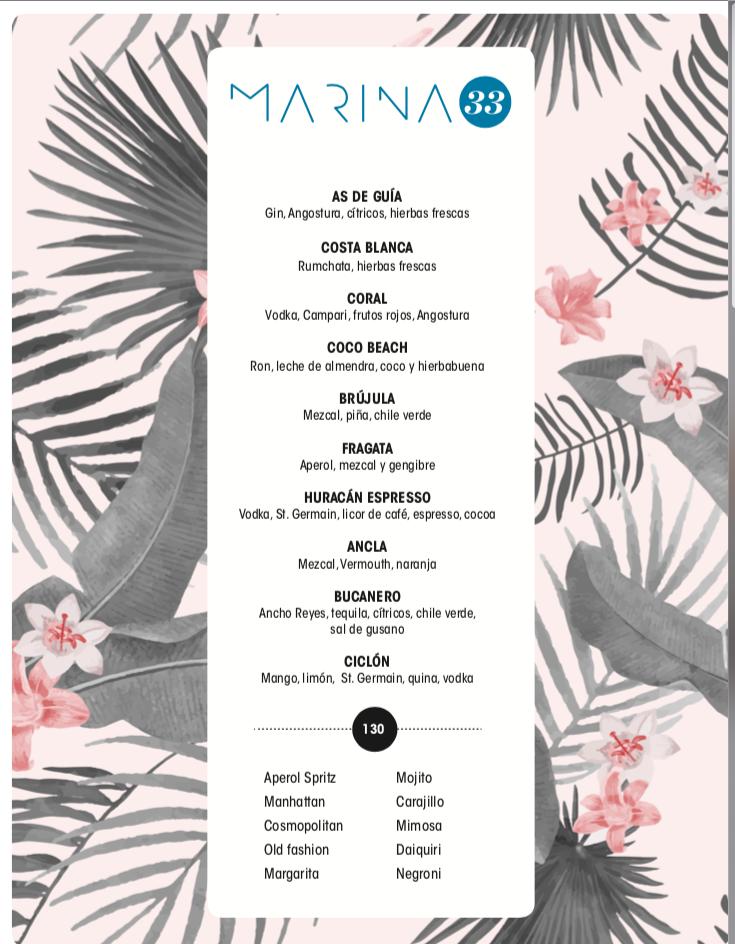 Menu at Marina 33 restaurant, Valle de Bravo, Plaza Valle Embarcadero