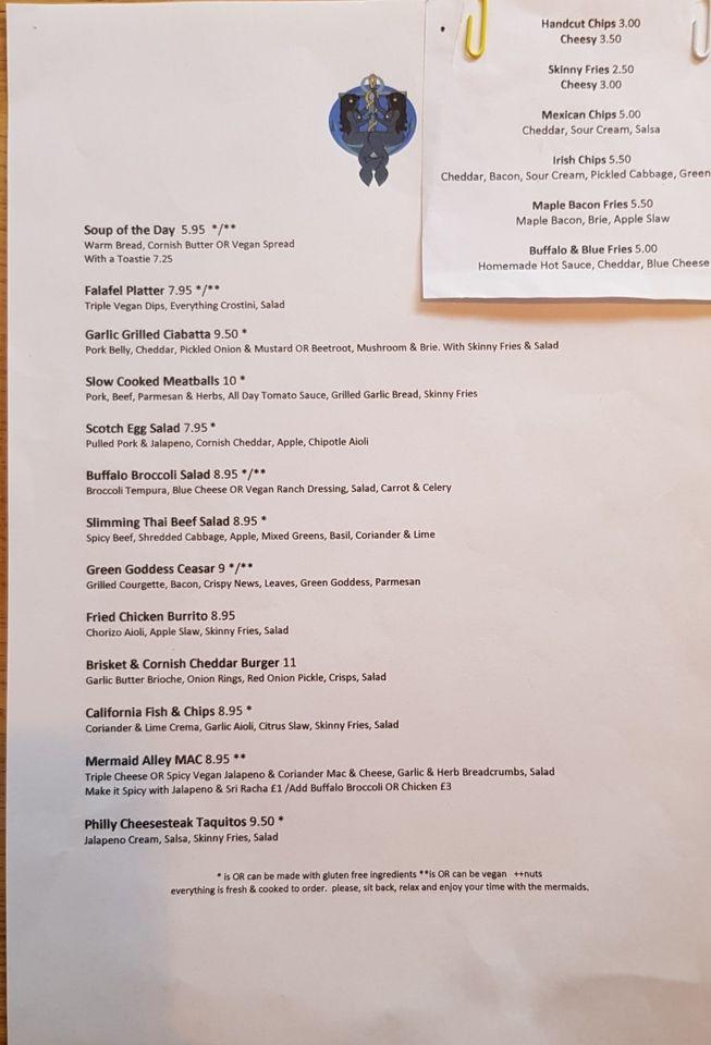 Menu at Mermaid Alley restaurant, Penzance
