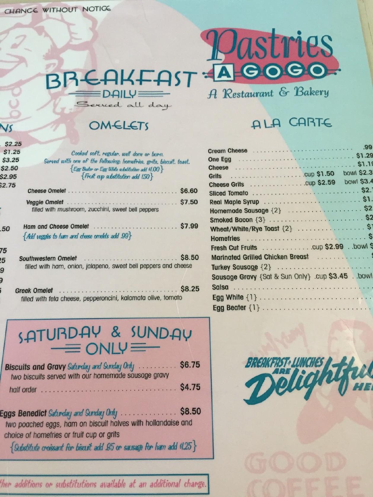 Menu at Pastries A Go Go cafe, Decatur