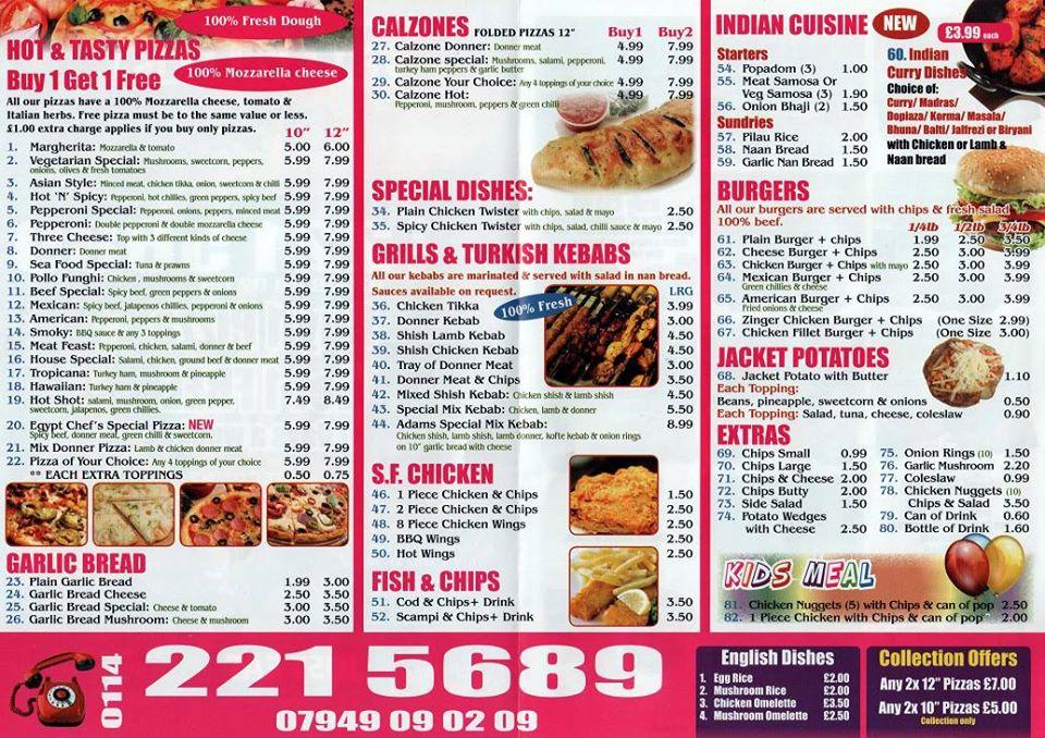 Menu at Adams pizza,s & fast food takeaway, Sheffield
