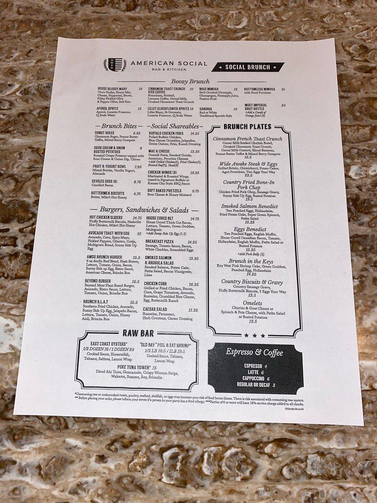 Menu at American Social Orlando pub & bar, Orlando
