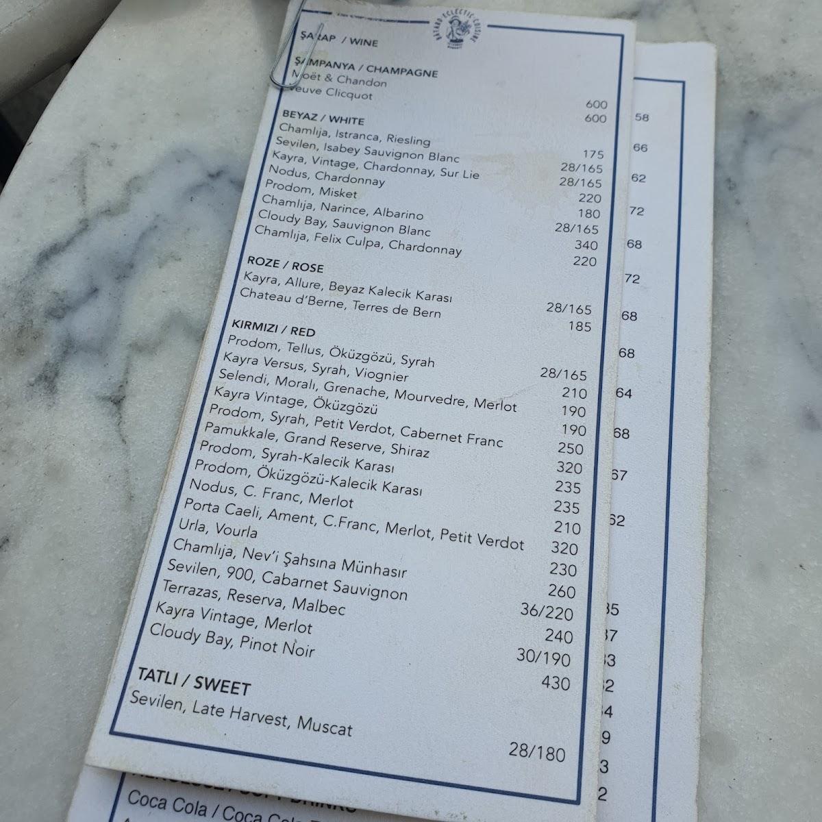 Menu at Batard istanbul, Istanbul