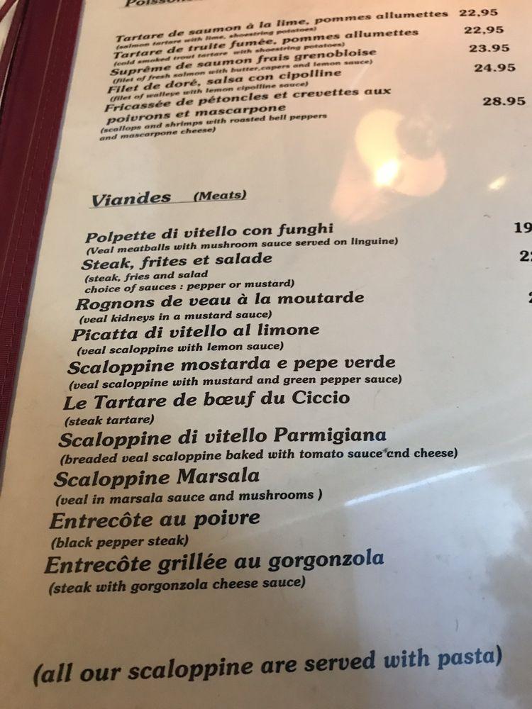 Menu au Ciccio Café, Québec