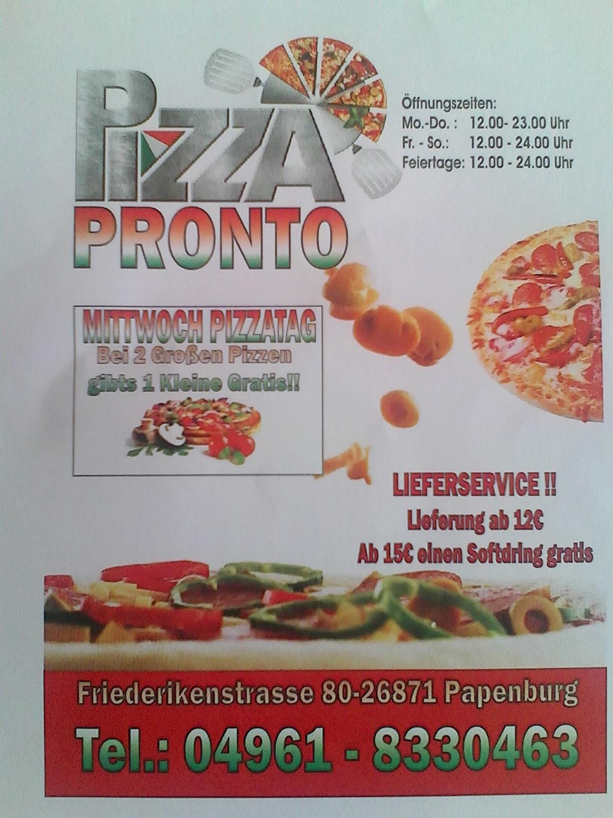 Menu at Pizza Pronto, Papenburg