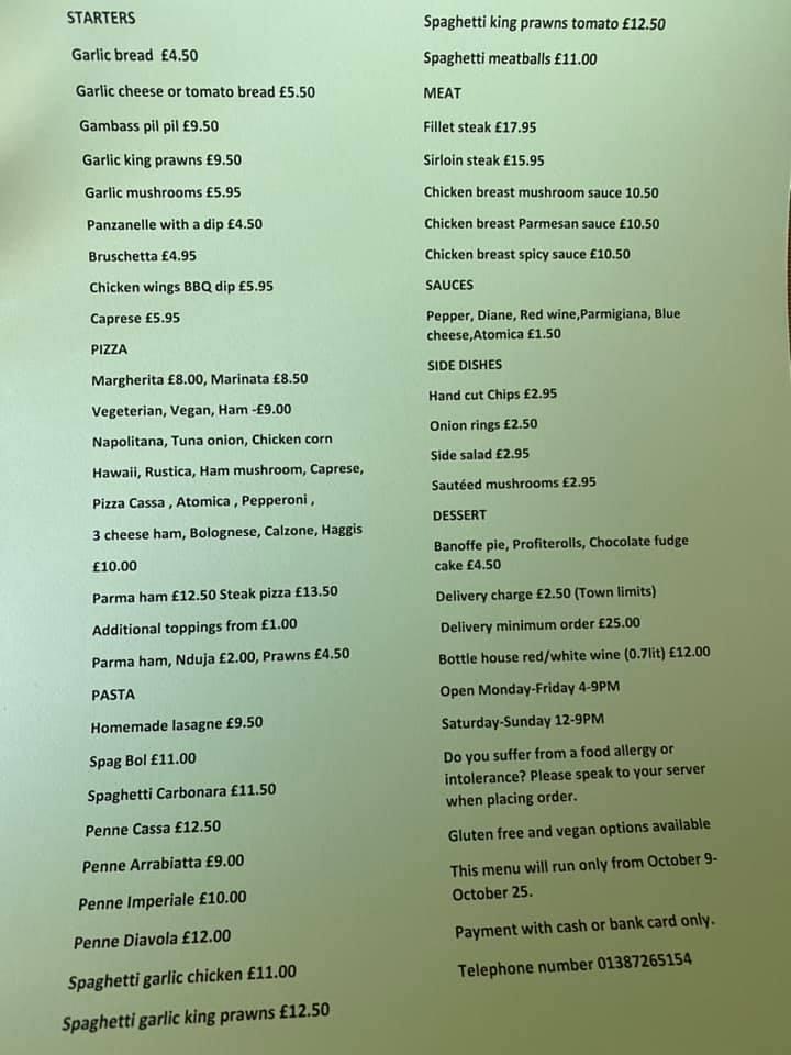 Menu at Pizzeria Il Fiume, Dumfries