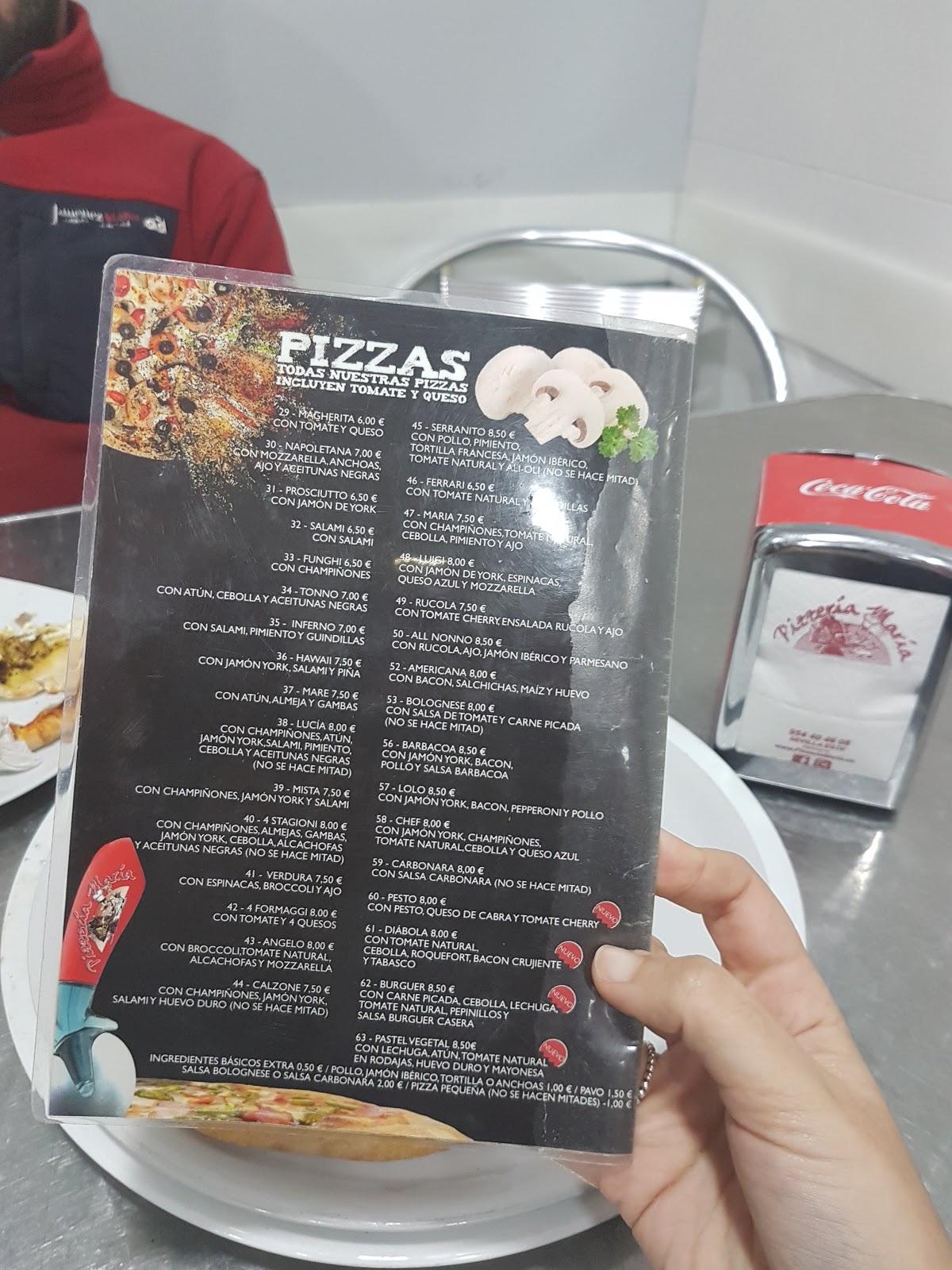 Menu at Pizzería María, Seville