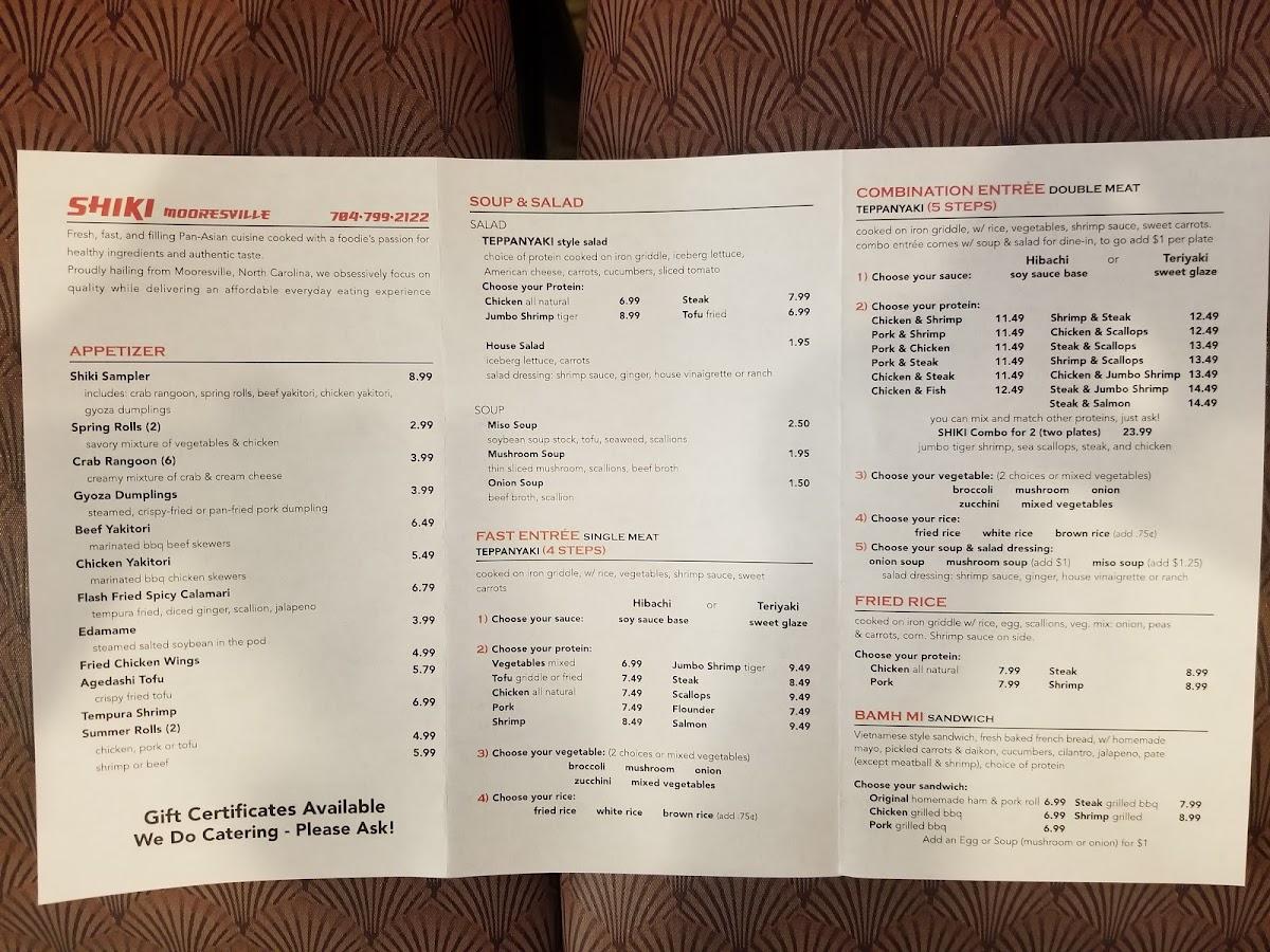 Menu at Shiki Four Seasons restaurant, Mooresville
