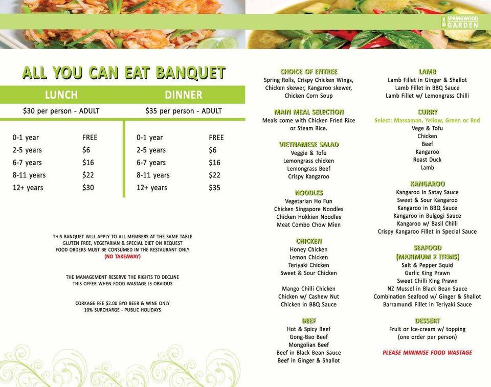Menu at Springwood Garden Chinese and Vietnamese restaurant, Springwood