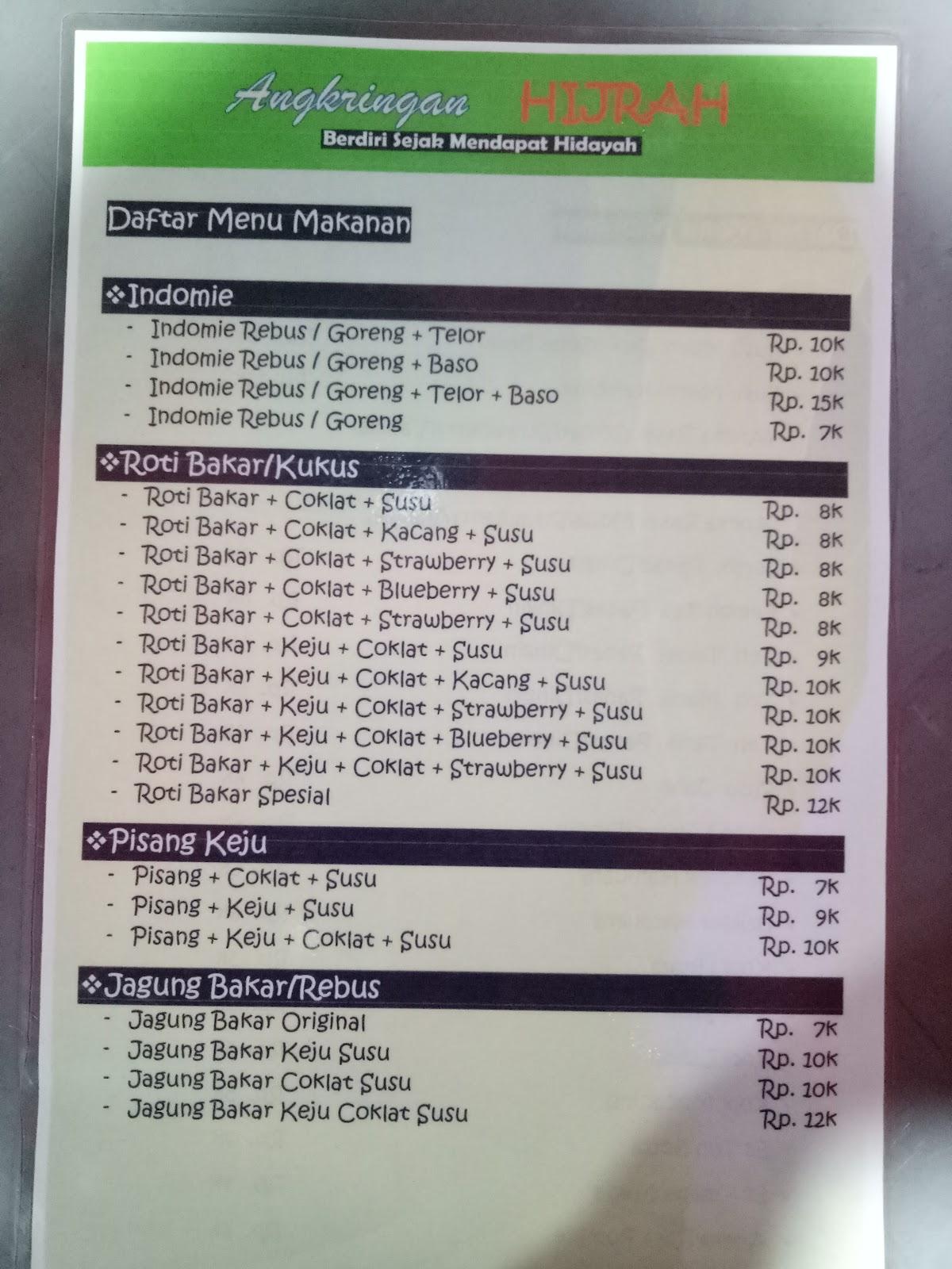 Menu at Angkringan Hijrah restaurant, Bandung, Jl. A.H. Nasution No 35 ...